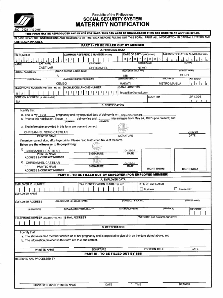 Sss Maternity Notification Form | PDF