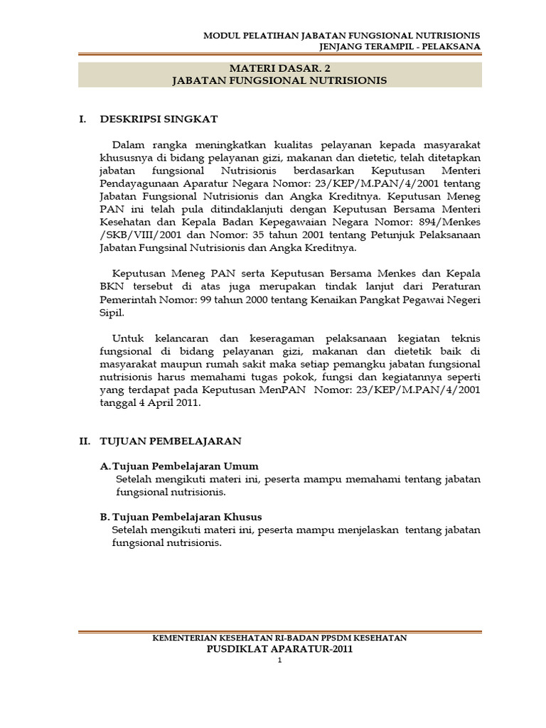 Materi Dasar Jabatan Fungsional Nutrisionis | PDF