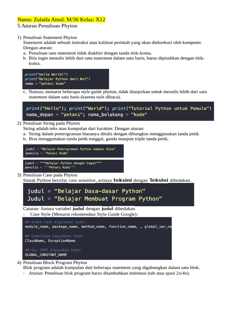 5 Aturan Penulisan Phyton Zulaifa | PDF