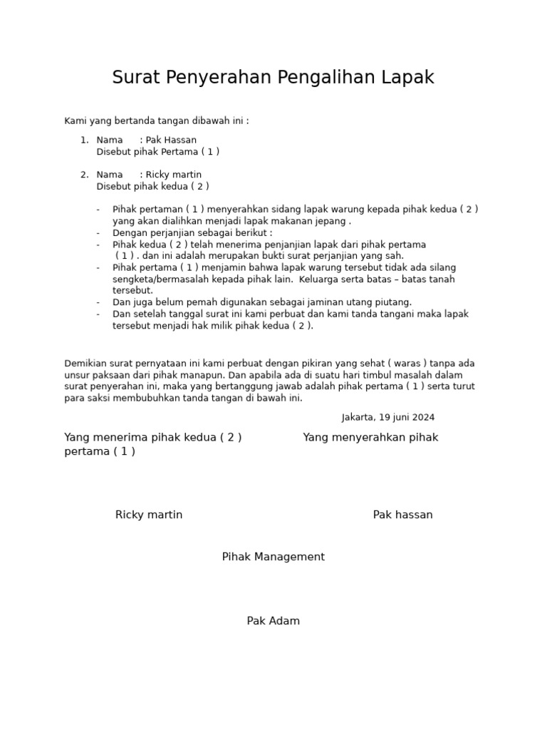 Surat Penyerahan Lapak | PDF
