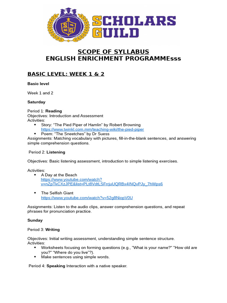 English Enrichment Programme Scope of Syllabus | PDF