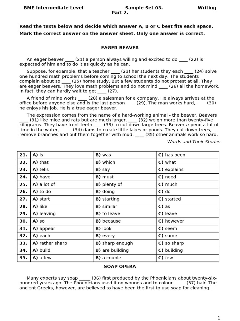 03 BME Intermediate Level - Writing Part 2. - Eager Beaver | PDF | Beaver
