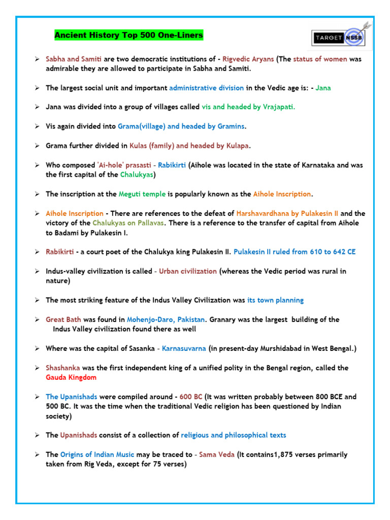 2) Ancient History One Liners 1 | PDF
