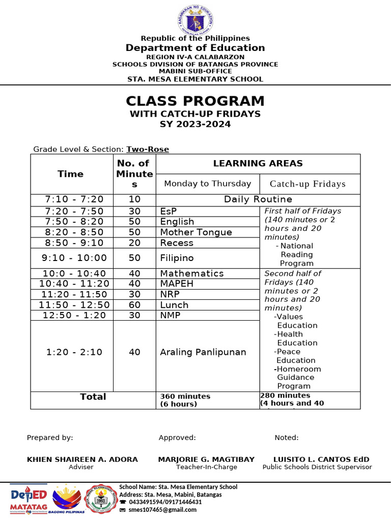 Grade 2 Class Program CUF | PDF