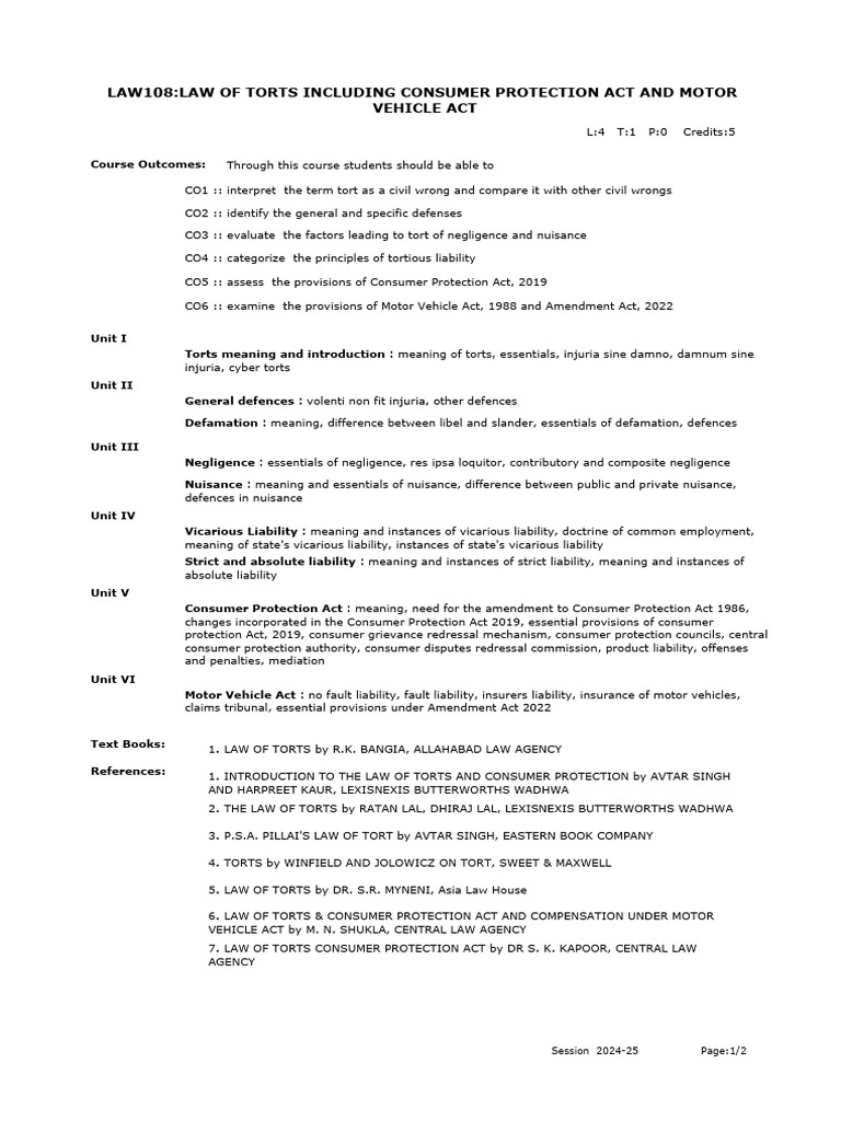 Law of Tort Syllabus | PDF | Tort | Legal Concepts