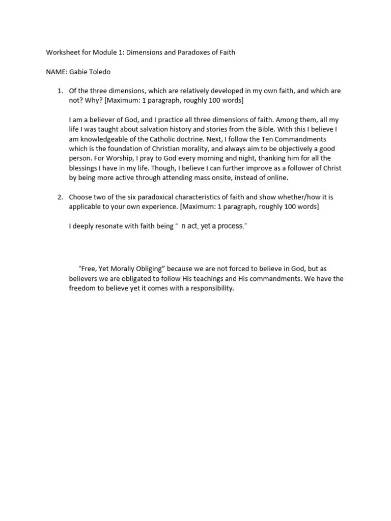 Worksheet for Module 1-Dimensions and Paradoxes of Faith_Toledo | PDF