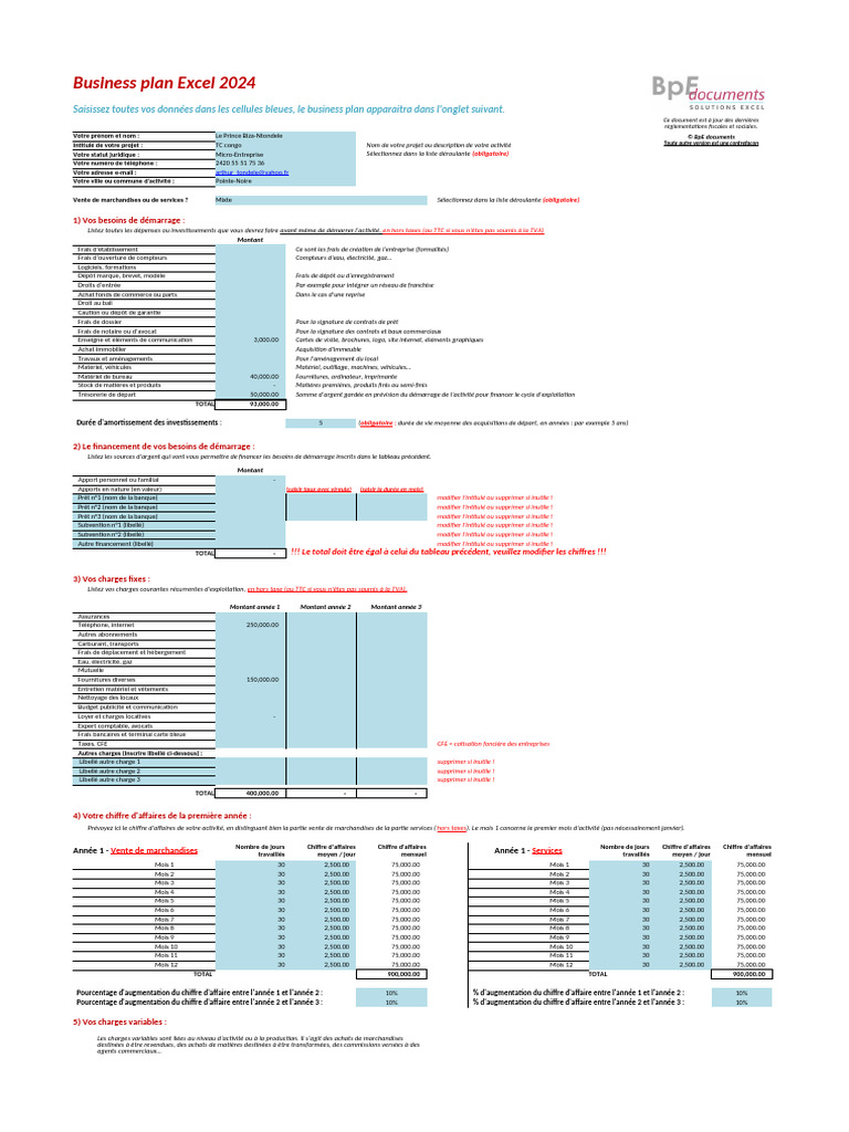 Business Plan Exemple Excel Gratuit 1 | PDF