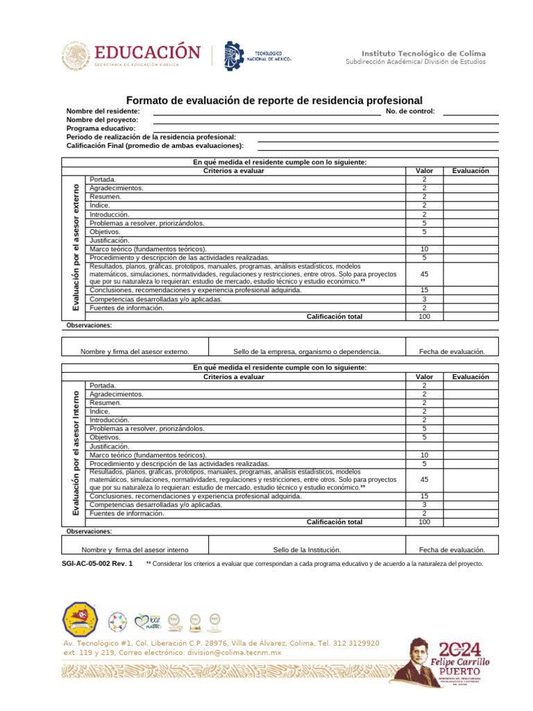 SGI-AC-05-002 Formato de Evaluaciã N de Reporte de Residencia Profesional-2024 | PDF