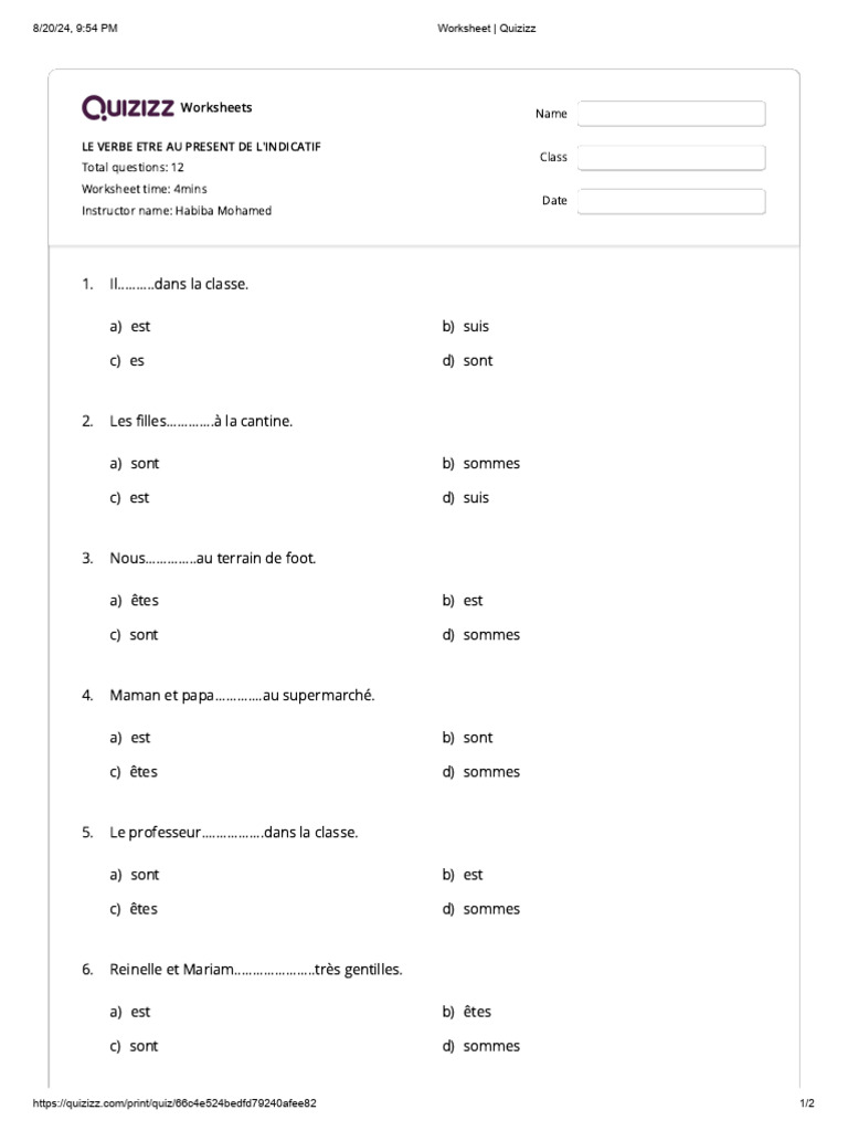 Worksheet - Quizizz Verbe Etre Au Present | PDF