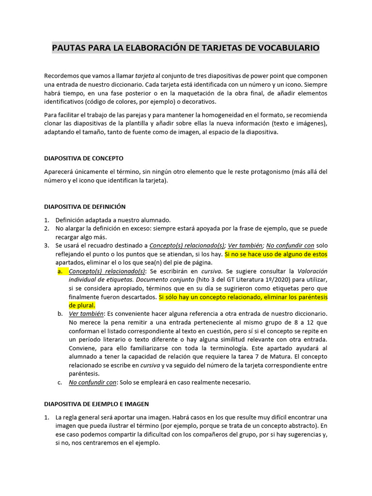 Pautas para La Elaboración de Tarjetas de Vocabulario - GT 2-2021 | PDF