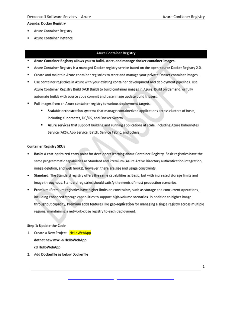 Deccansoft Software Services - Azure Azure Contianer Registry | PDF