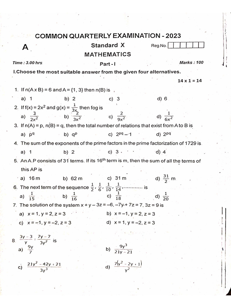 10th Maths EM Quarterly Exam 2023 Original Question Paper Kanchipuram ...