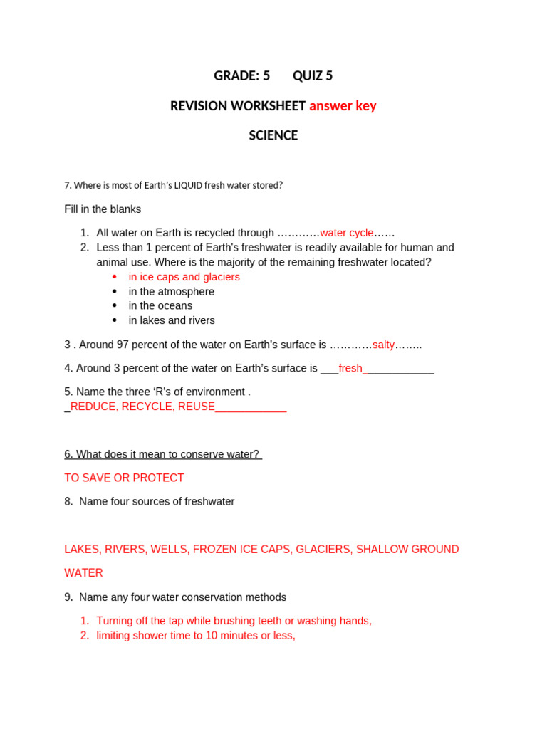 Grade: 5 Quiz 5 Revision Worksheet Science: Answer Key | PDF