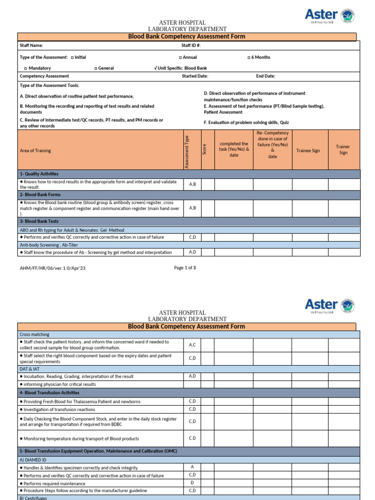 Blood Bank Competency Assessment Form | PDF