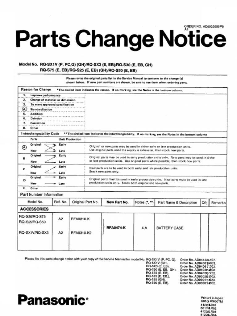Hfe Panasonic rq-s25 s30 s50 s75 sx1v sx3 Parts Change Notice en | PDF