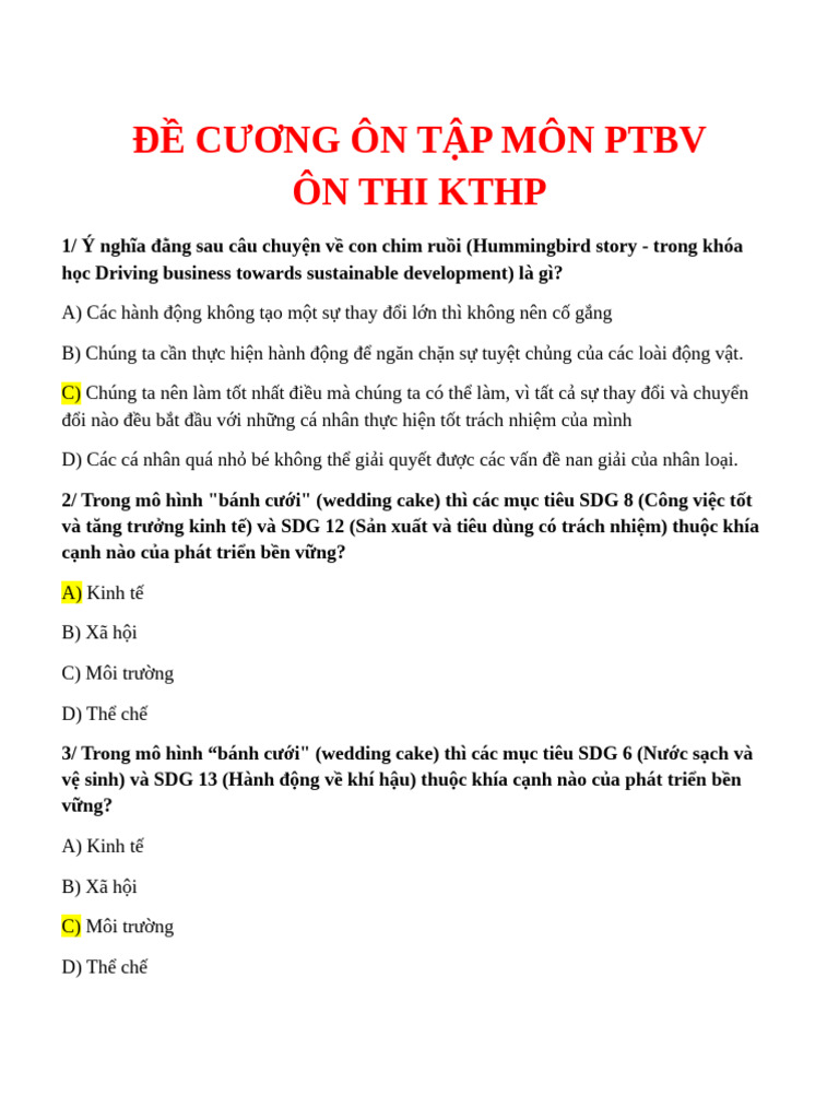 CÓ ĐÁP ÁN - BỘ ÔN THI KTHP TRẮC NGHIỆM PHÁT TRIỂN BỀN VỮNG | PDF
