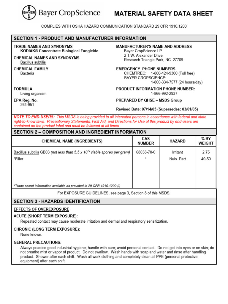Kodiak Vegetable Concentrate Biological Fungicide (071405) MSDS | PDF