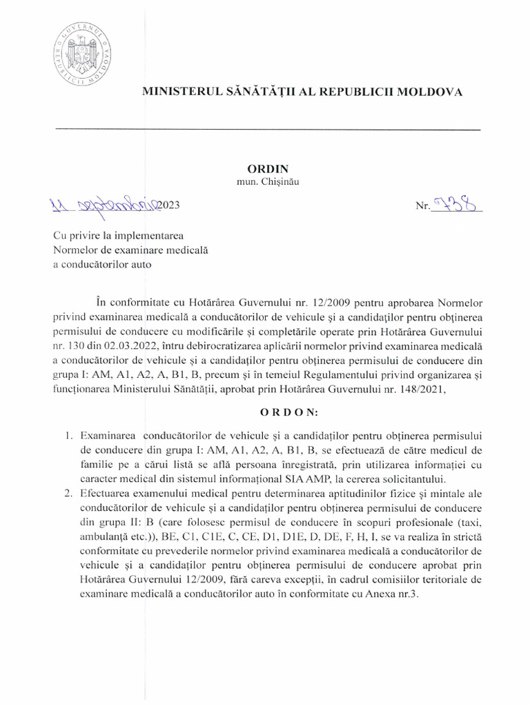 Ordin Permise Auto 738 11.09.2023 | PDF