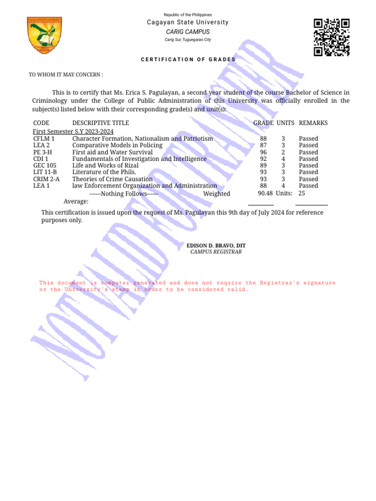 1st Sem Grade Erica P | PDF