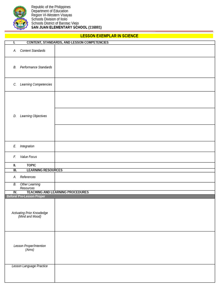 LESSON EXEMPLAR TEMPLATE empty | PDF