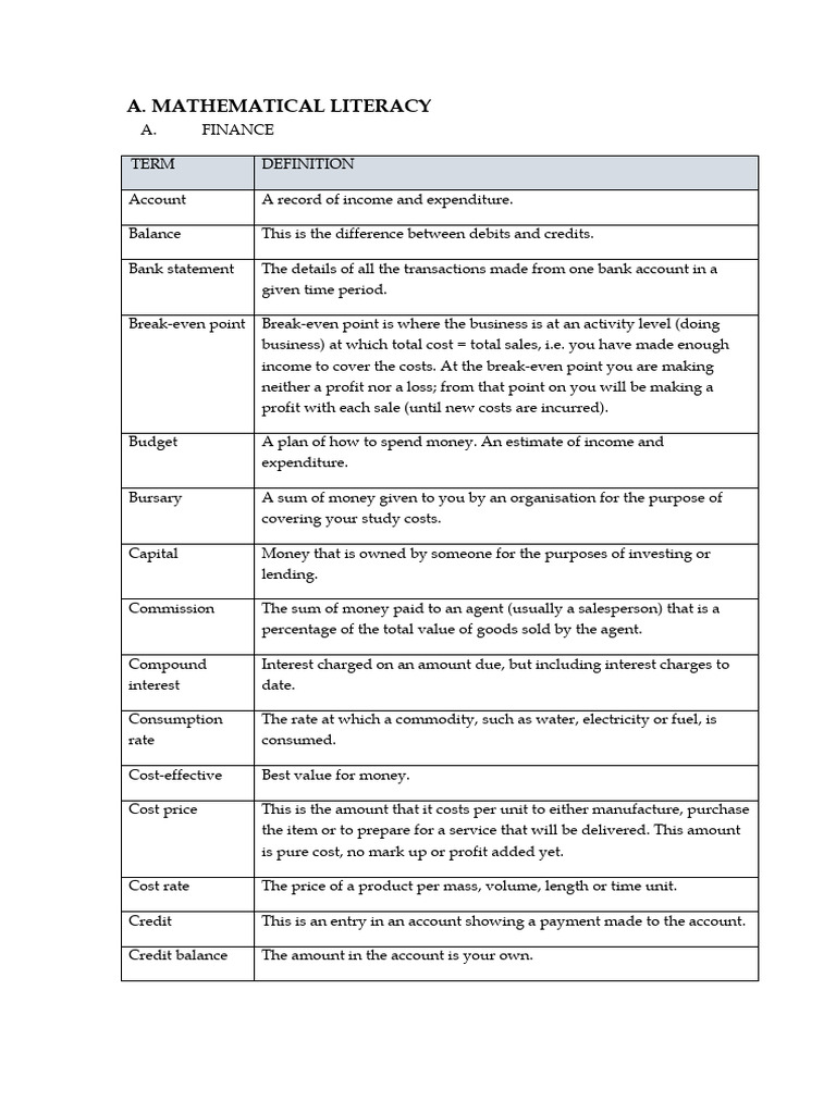 Mathematical Literacy Terms and Definitions | PDF