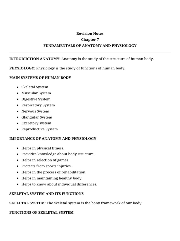 Revision Notes Fundamentals of Anatomy and Physiology | PDF