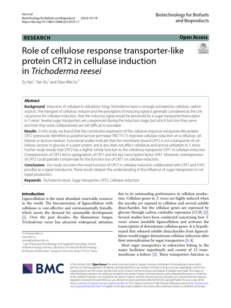 Role of Cellulose Response Transporter-Like Protein CRT2 in Cellulase Induction in Trichoderma ...