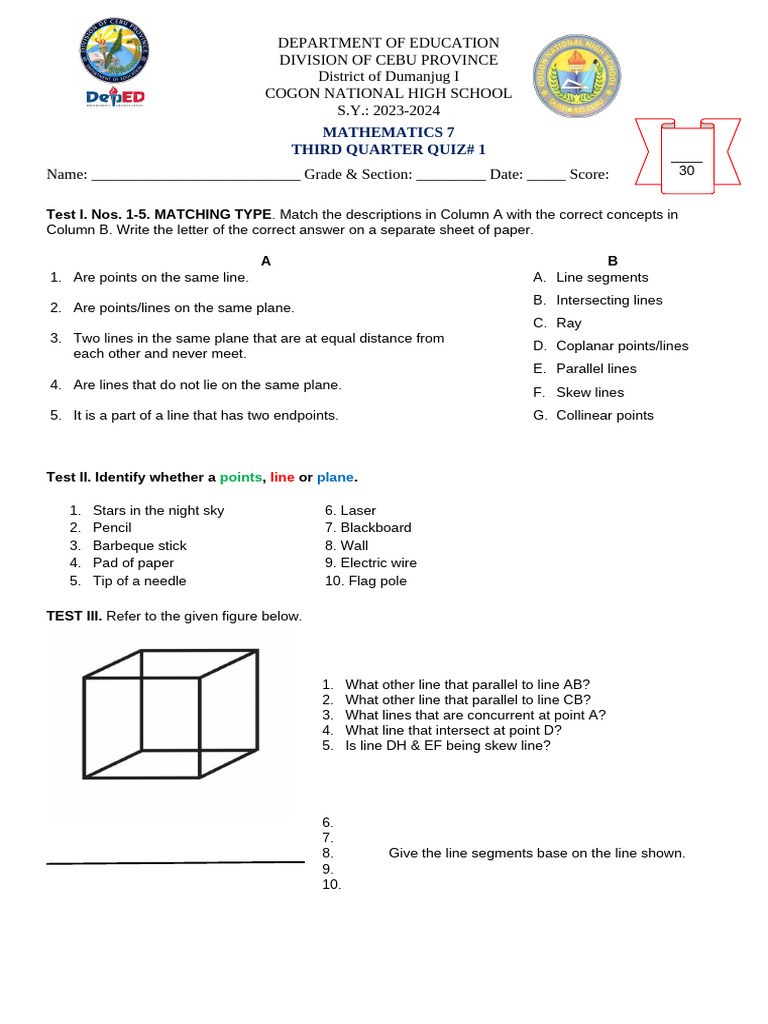 Mathematics 7 3RD Quarter Summative Exam | PDF