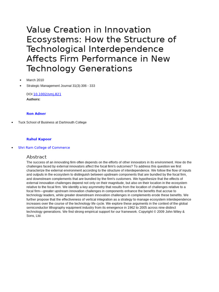 Value Creation in Innovation Ecosystems Adner & Kapoor 2010 | PDF