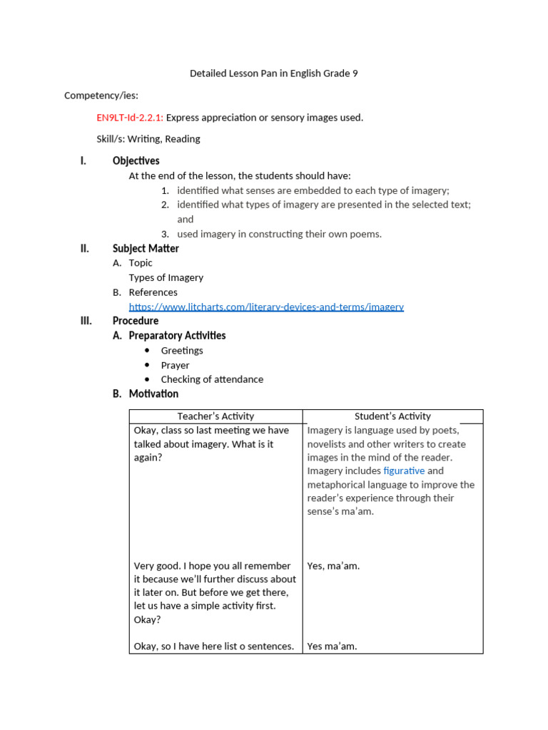 Detailed Lesson Pan in English Grade 9 | PDF