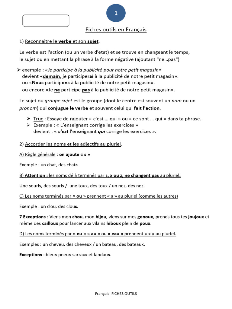 Fiches Outils de Grammaire 1 | PDF