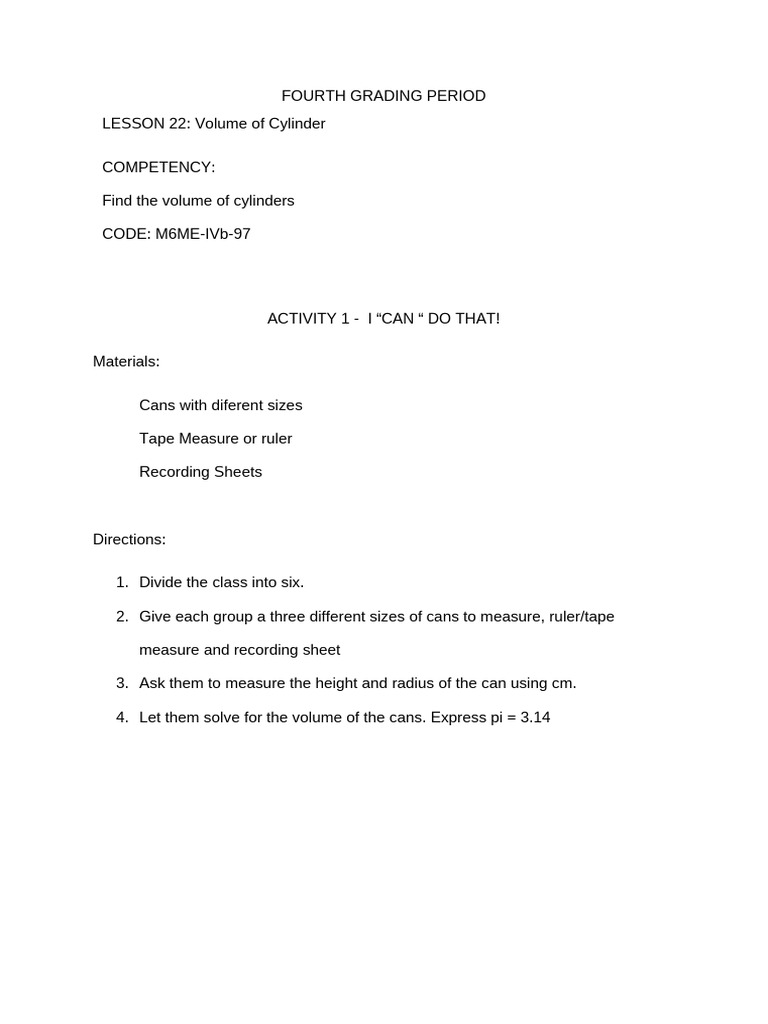 4th Grading VOLUME OF CYLINDERS | PDF