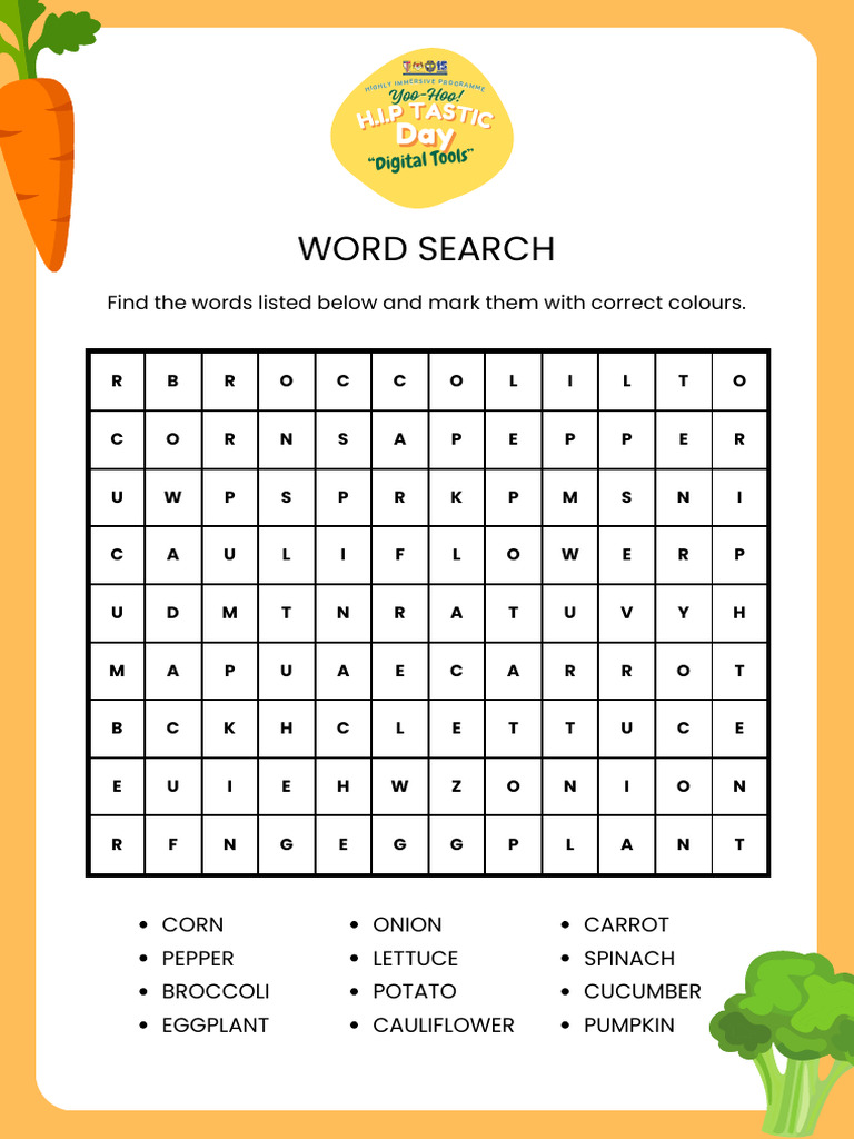 Vegetables Orange White English Word Search | PDF
