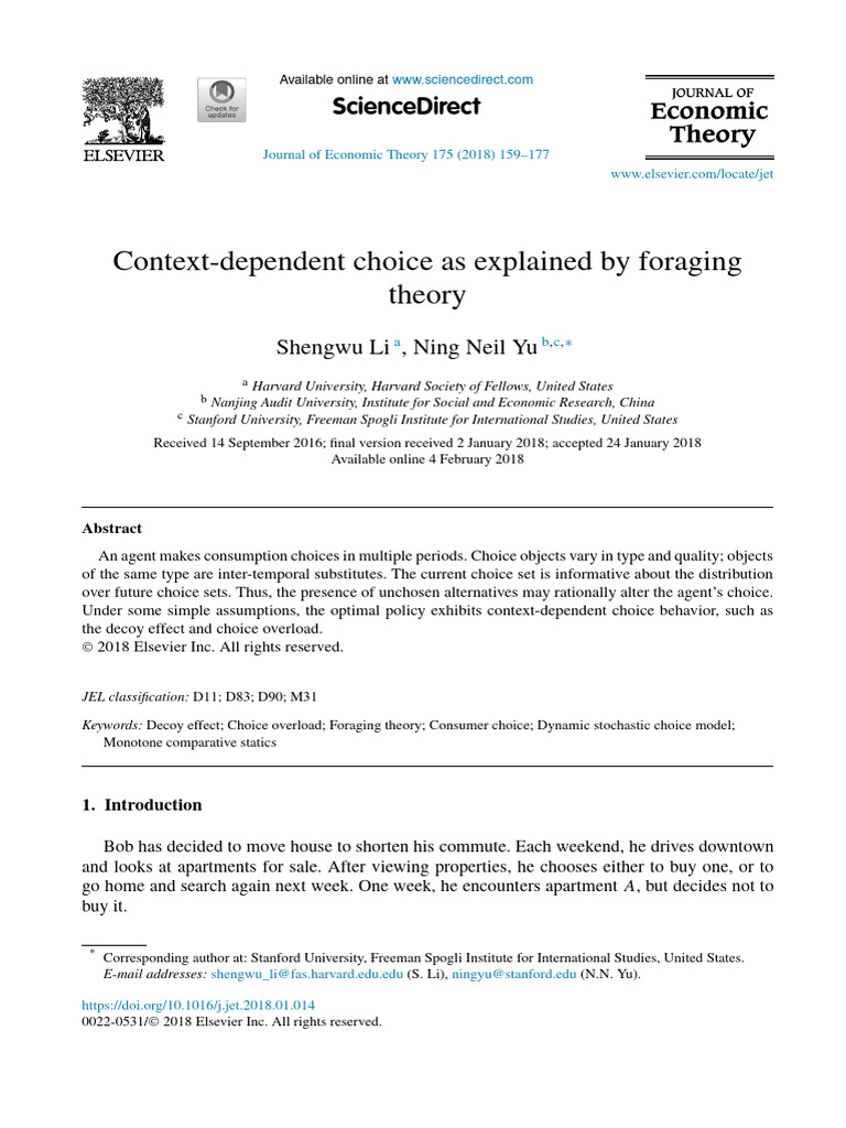 Context-Dependent Choice As Explained by Foraging Theory | PDF