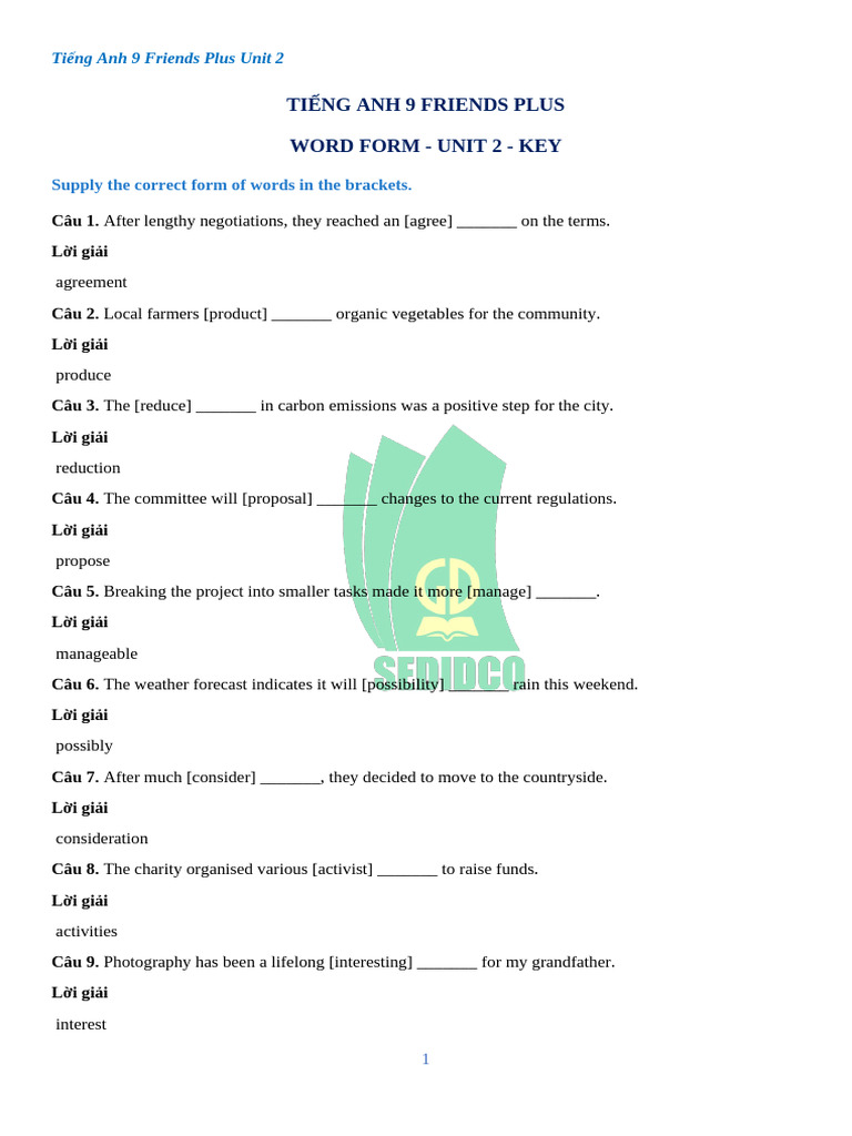 Tiếng Anh 9 Friends Plus - Unit 2 - Word Form KEY | PDF