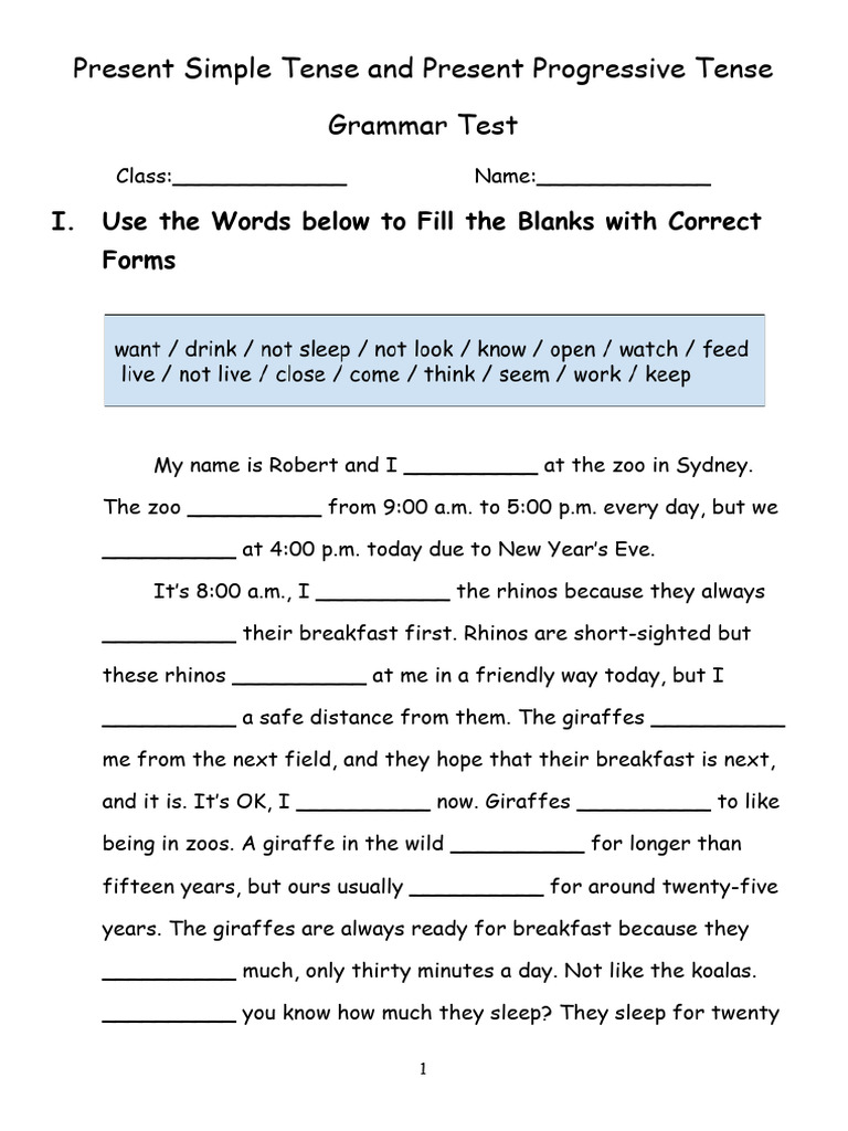 Present Simple Tense Grammar Test PDF | PDF