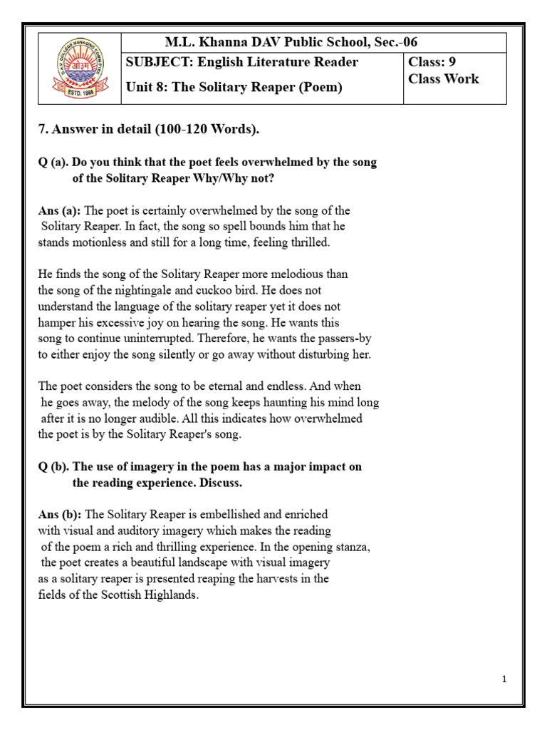 NB - Unit8 - The Solitary Reaper Poem | PDF