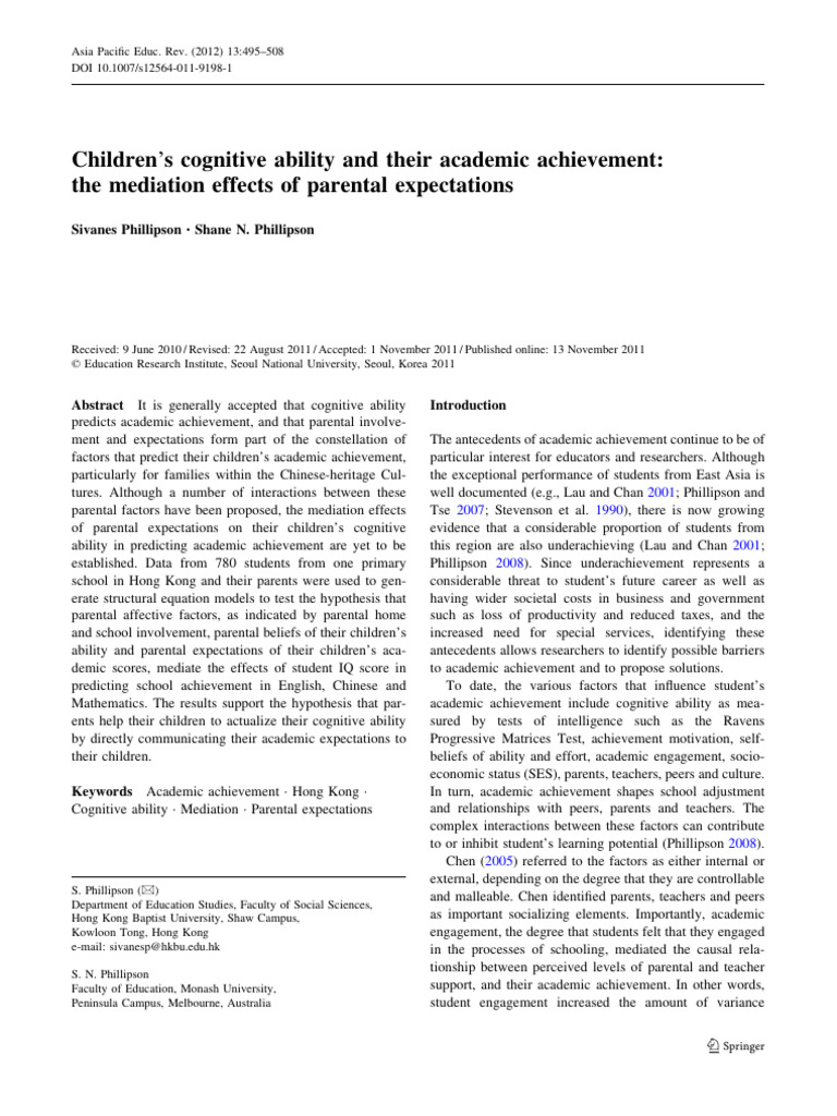 Children's Cognitive and Their Academic Achievement The Mediation ...
