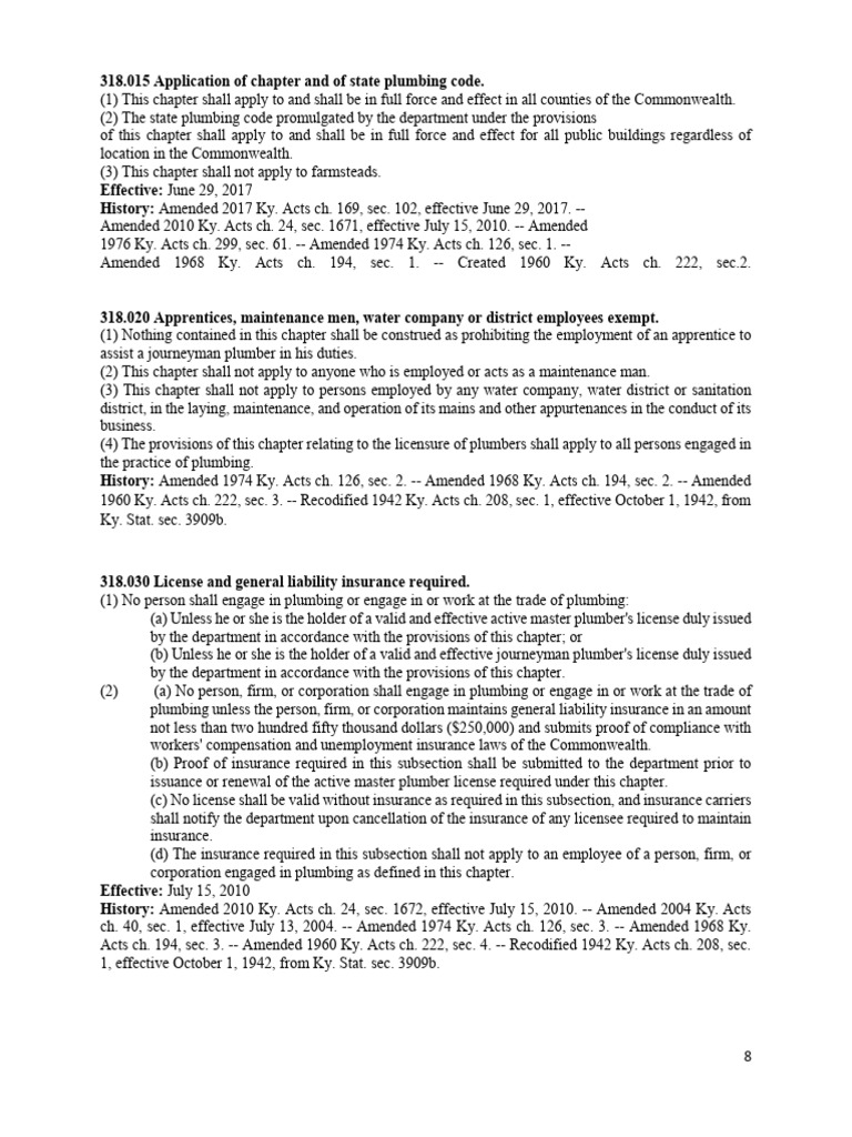 2020 - Kentucky Plumbing Law Regulations and Code Book 8 | PDF