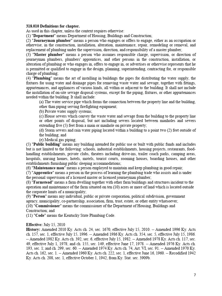 2020 - Kentucky Plumbing Law Regulations and Code Book 7 | PDF