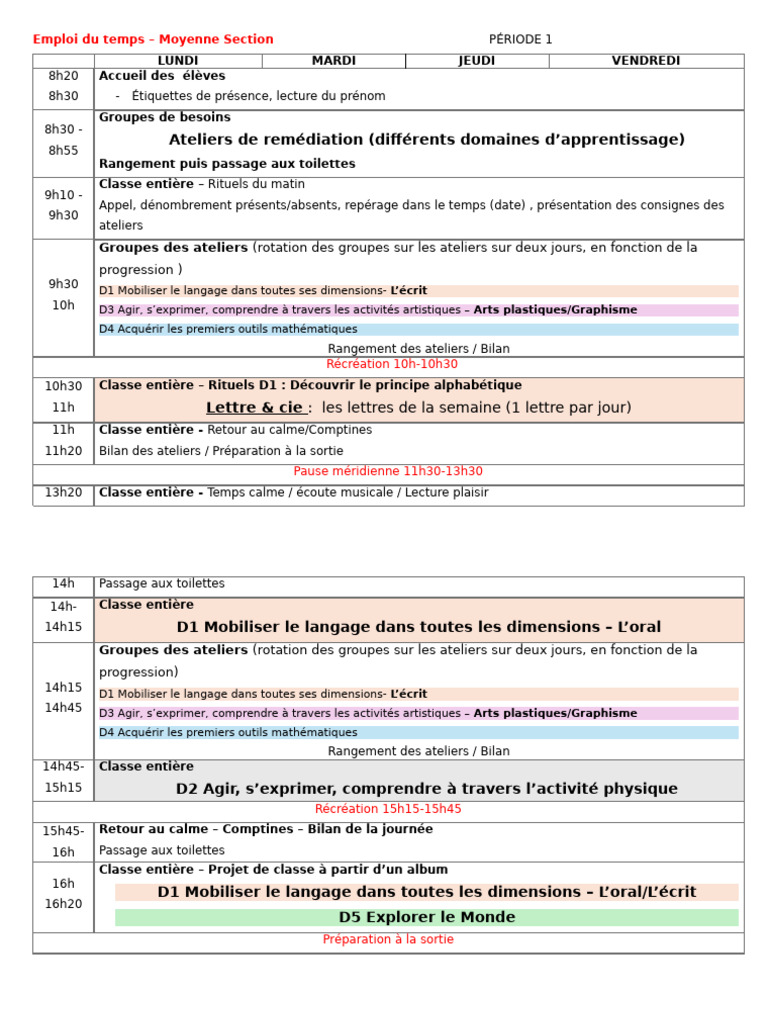Emploi Du Temps Ms P1 Version 2 | PDF