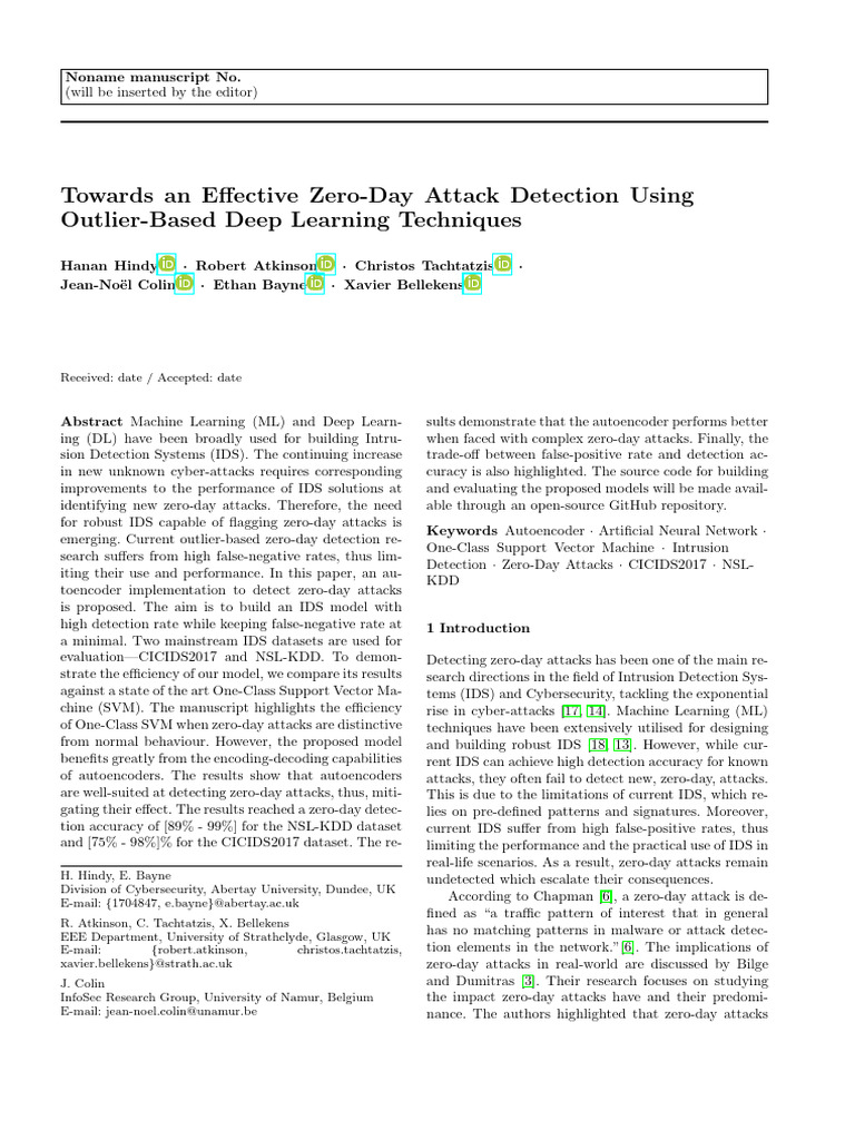 Towards An Effective Zero-Day Attack Detection Using Outlier-Based Deep Learning Techniques | PDF