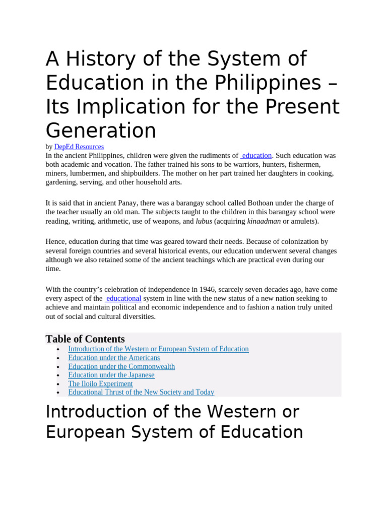 A History of the System of Education in the Philippines | PDF