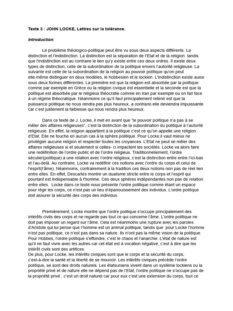 JOHN LOCKE, Lettres Sur La Tolérance | PDF