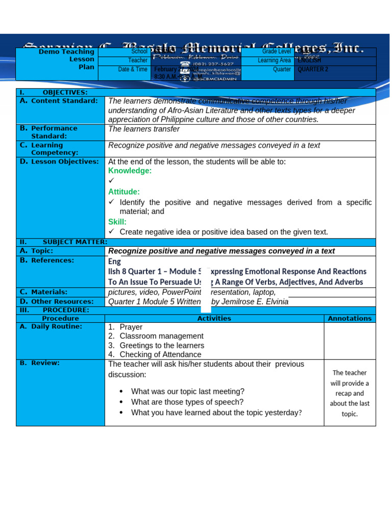 Sample Lesson Plan | PDF | Adjective | Noun