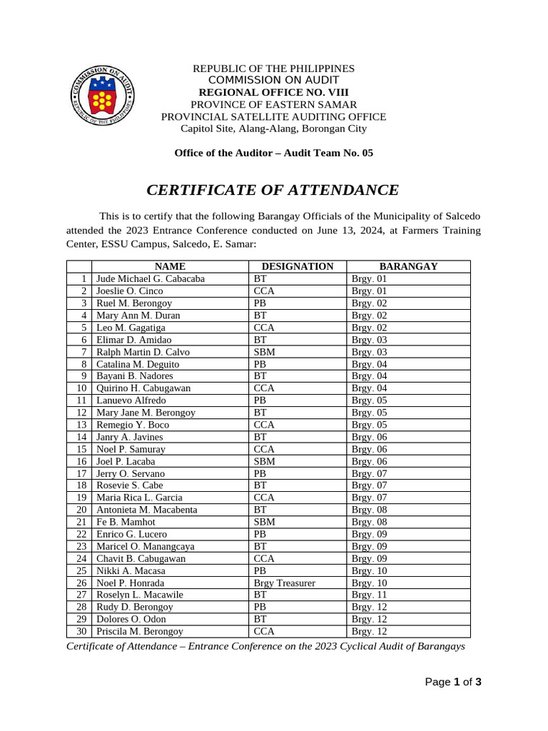 Certificate of Attendance BLGU Salcedo | PDF
