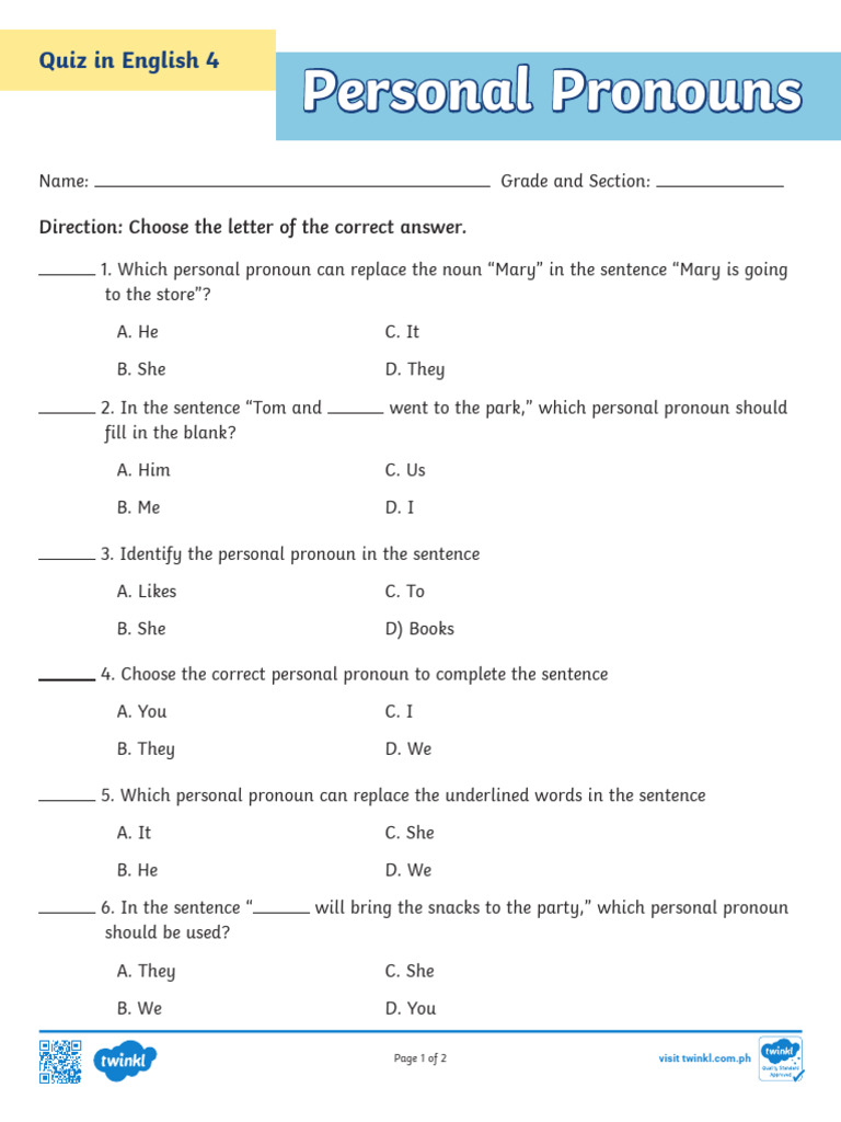 T 1712501199 Grade 4 English Quiz Personal Pronouns Ver 1 | PDF