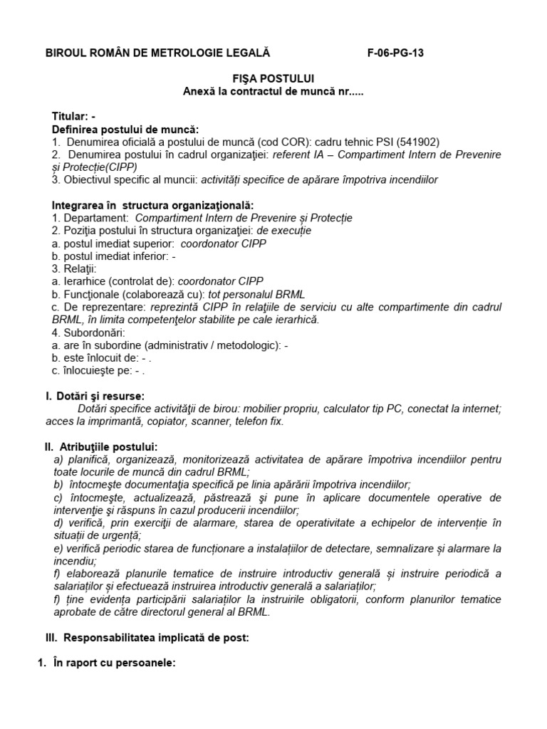 Fisa Postului CADRU TEHNIC PSI | PDF