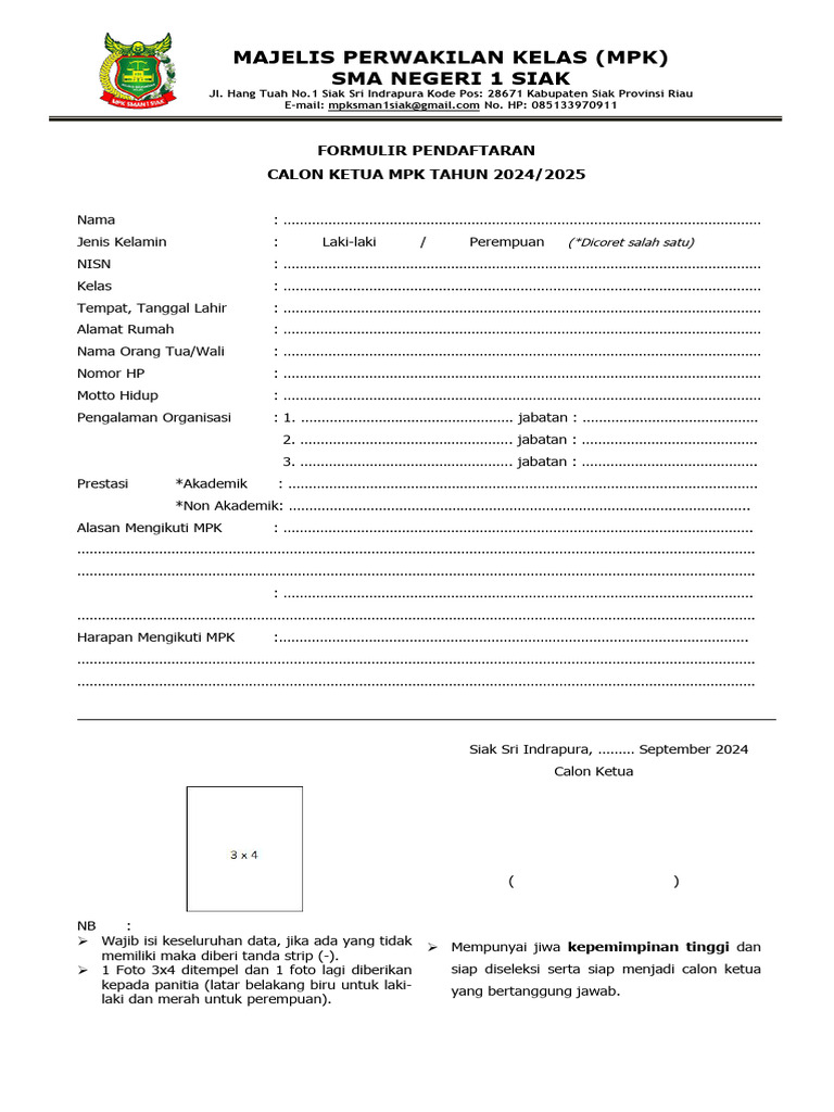 Formulir Pendaftaran Calon Ketua MPK | PDF