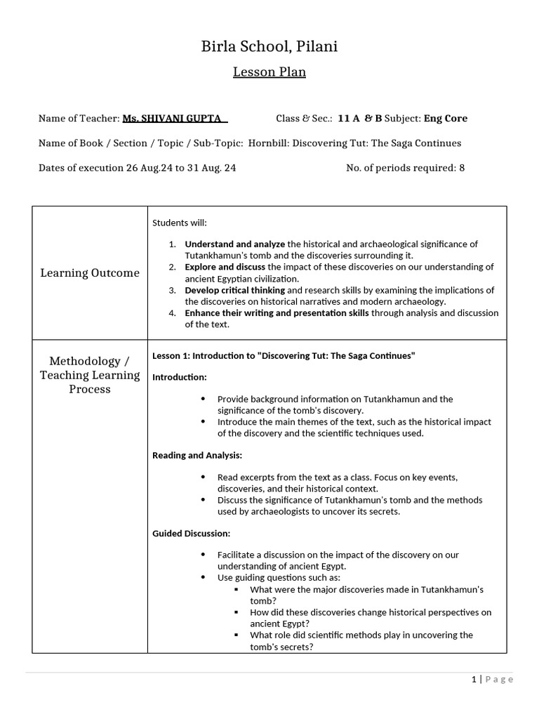 Lesson Plan - 11A & B 26 Aug.24 To 31 Aug. 24 | PDF